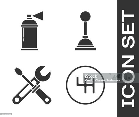 기어 시프터 페인트 스프레이 캔 스크루드라이버 및 렌치 공구 및 기어 시프터 아이콘을 설정합니다 벡터 개념에 대한 스톡 벡터