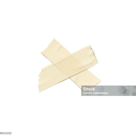 반투명 주름 질감과 십자가 현실적인 찢어진 접착제 팁을 형성하는 베이지 색 마스킹 덕트 테이프 조각 접착 테이프에 대한 스톡