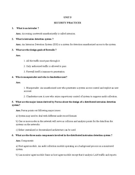 Ns Unit 5 Qb Unit 5 Security Practices What Is An Intruder Ans