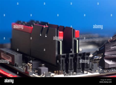High Performance DDR4 Computer Memory RAM On Motherboard Stock Photo