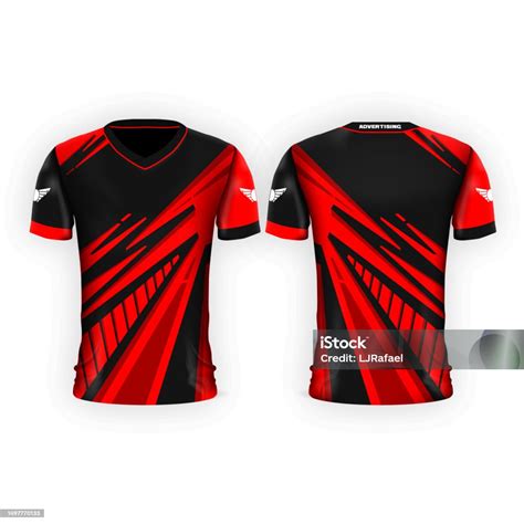 사양 축구 스포츠 전자 스포츠 게임 티셔츠 저지 템플릿입니다 게임용 의류 디자인 또는 티셔츠 비대칭 티셔츠 디자인 블랙과 레드 Championship에 대한 스톡 벡터 아트