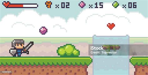 픽셀 아트 스타일 게임 아케이드 플레이 벡터의 캐릭터 적과 싸우는 날카로운 칼을 가진 남자 가공의 인물에 대한 스톡 벡터 아트