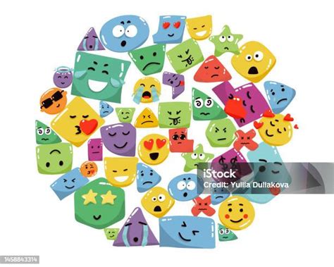 얼굴 감정 다른 만화 기본 인물을 가진 기하학적 캐릭터 모양 귀여운 다채로운 모양 트렌디 한 색상 손으로 그린 질감 어린이 교육을위한 벡터 삽화 0명에 대한 스톡 벡터 아트