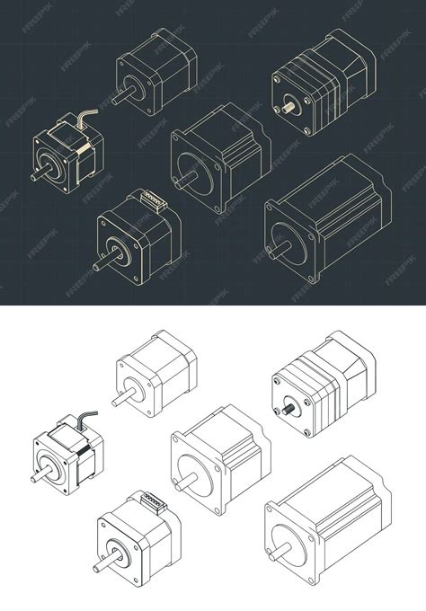 스테퍼 모터 이소메트릭 드로잉 세트 프리미엄 벡터