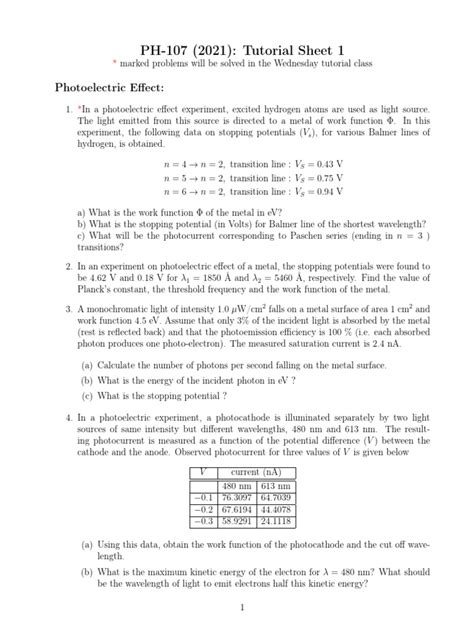 2021 Ph107 Tutorial01 Pdf Photoelectric Effect Electron