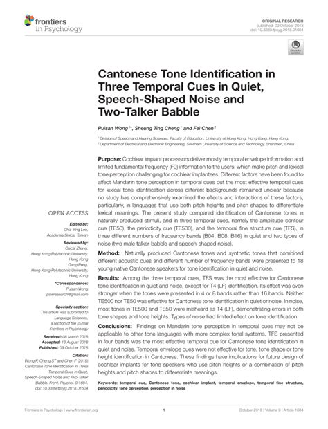 Pdf Cantonese Tone Identification In Three Temporal Cues In Quiet Speech Shaped Noise And Two