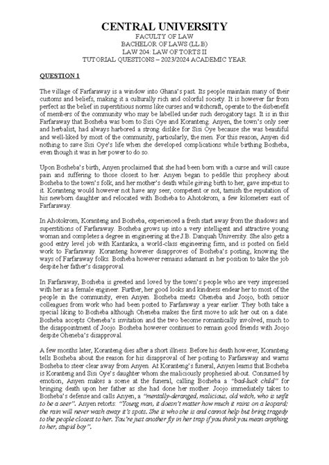 Law Of Torts II LAW Tutorial Questions Semester II CENTRAL UNIVERSITY FACULTY OF LAW