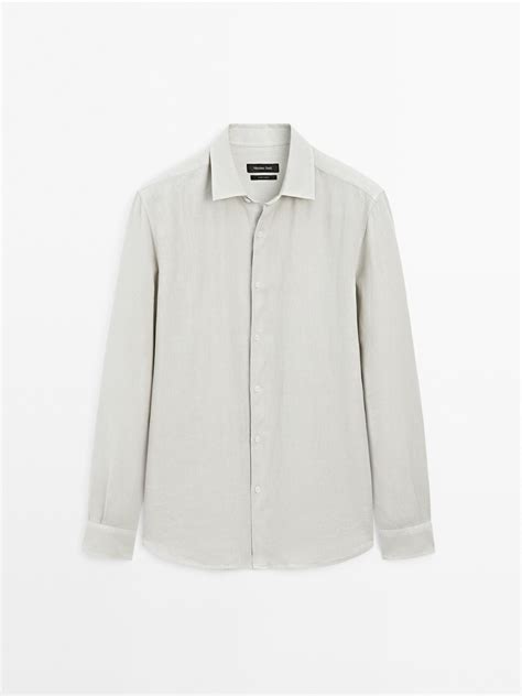 슬림핏 리넨 블렌드 셔츠 · 연녹색 화이트 스카이 블루 · 셔츠 라인 Massimo Dutti