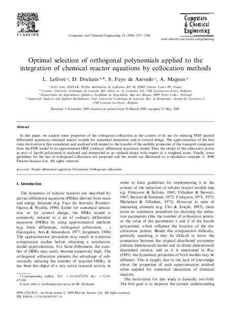 Pdf Optimal Selection Of Orthogonal Polynomials Applied To The Integration Of Chemical Reactor