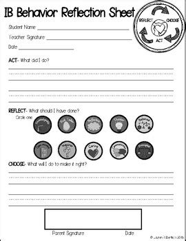 IB Behavior Reflection Sheet By Teacher Lauren Robertson TPT