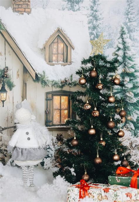 장식된 나무가 있는 아늑한 눈 덮인 크리스마스 장면 · 무료 스톡 사진