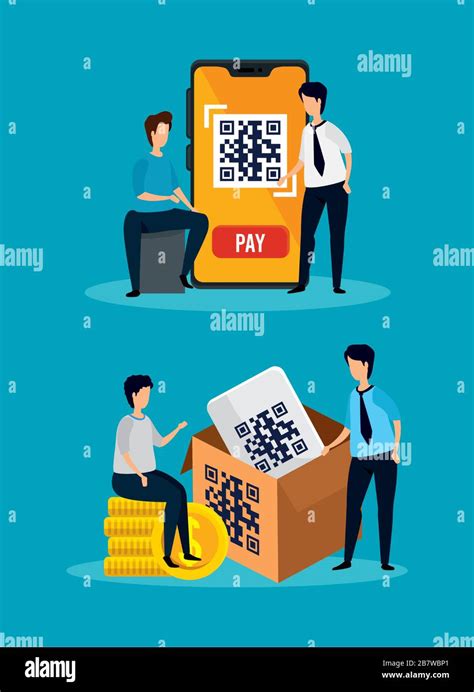 Scenes Of Men With Code Qr And Icons Stock Vector Image Art Alamy