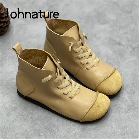 Johnature 여성용 천연 가죽 신발 탄성 밴드 라운드 토 플랫 2022 새로운 바느질 수제 간결한 레트로 앵클 부츠앵클 부츠 Aliexpress