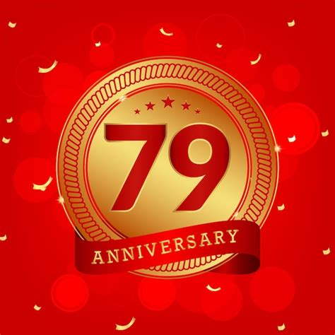 황금 숫자와 빨간색 배경의 79주년 기념일 프리미엄 벡터