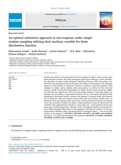 Pdf An Optimal Estimation Approach In Non Response Under Simple Random Sampling Utilizing Dual