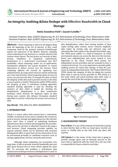Irjet An Integrity Auditing Anddata Dedupe Witheffective Bandwidth In Cloud Storage Pdf