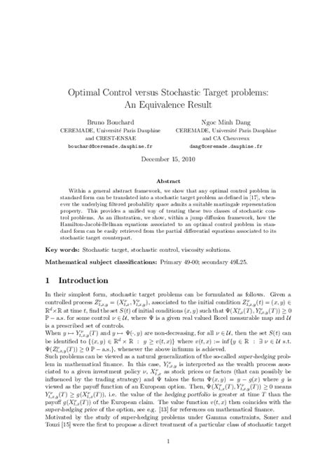 Pdf Optimal Control Versus Stochastic Target Problems An Equivalence