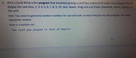 solved 5 pick a card write a c program that simulates