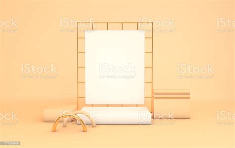 기본 도형 평방 연단 빈 포스터 골드 금속 그리드 추상적인 기하학적 배경 빈 쇼케이스 파스텔 색상에가 게 디스플레이입니다 3d 렌더링 입체 이미지에 대한 스톡 사진 및 기타