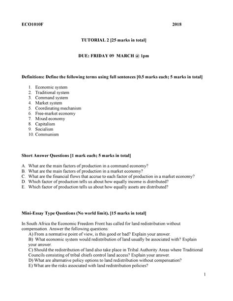 Tutorial 2 2018 Week 2 Tut Eco1010f 2018 Tutorial 2 25 Marks In Total Due Friday 09