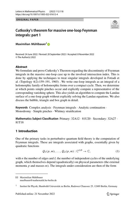 Pdf Cutkoskys Theorem For Massive One Loop Feynman Integrals Part 1