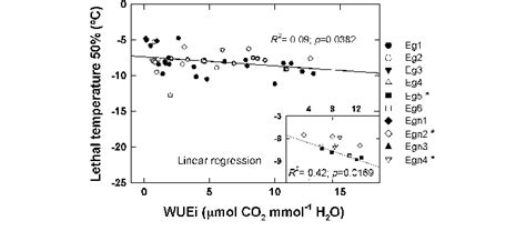 correlation between wue i and lt 50 for all evaluated eucalyptus