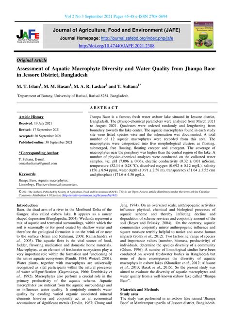 Pdf Assessment Of Aquatic Macrophyte Diversity And Water Quality From Jhanpa Baor In Jessore