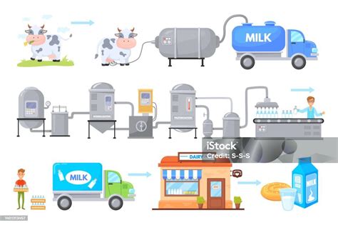 우유 제조 낙농 공장 생산 공정 소비자 식품 산업 기술 단계 치즈 제품에 체인 젖소 착유 농장 제조 식품 가공 공장에 대한 스톡 벡터 아트 및 기타 이미지 Istock