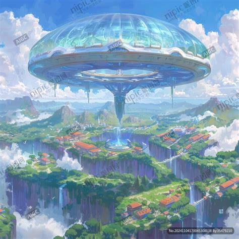 Ai创作图手绘飞碟场馆 天空之城头图 未来飞碟科幻造型 未来人类居住地 科幻题材插画 外星球幻想场景插画 科幻插画风 科幻原画 飞碟形状建筑 浮空岛 浮空宫殿 大飞碟建筑 飞碟状建筑 天空之城