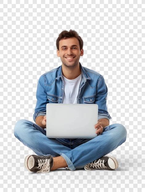 A Man Is Sitting Cross Legged On Floor With A Laptop On His Lap Top On Transparency Background