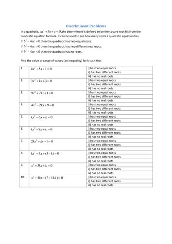 Quadratic Discriminant Problems Teaching Resources
