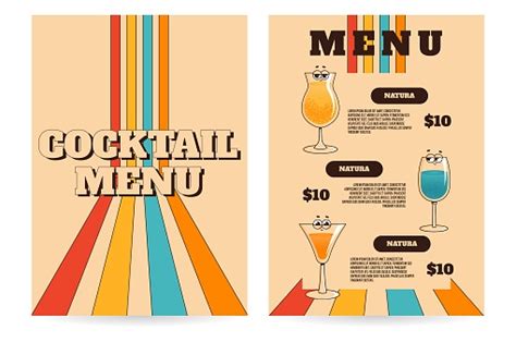 복고풍 그루비 캐릭터 여름 음료 잔에 귀여운 과일 음료가 담긴 칵테일 메뉴 바 펍 카페 클럽 레스토랑에 대 한 벡터 일러스트 레이 션 가공의 인물에 대한 스톡 벡터 아트 및