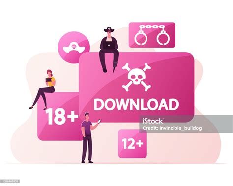 불법 해적 콘텐츠 무료 다운로드 개념 졸리 로저 전송 및 토런트 서버 서비스 온라인 미디어를 사용하여 파일을 공유와 거대한 Pc 버튼에서 문자 만화 사람 벡터 일러스트 가상