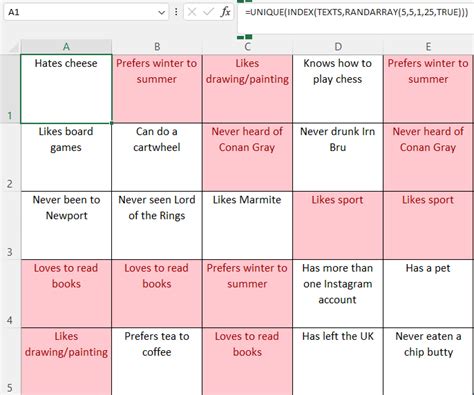 Can I Create A Random 5x5 Grid Of Unique Texts Rexcel
