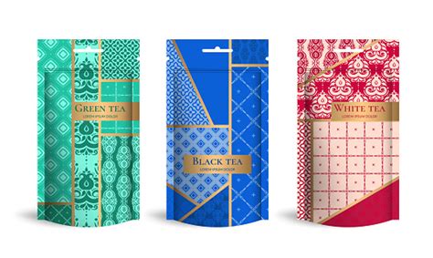 지퍼 파우치 백 모형을 사용한 차 포장 디자인 빈티지 벡터 장식 템플릿 우아하고 고전적인 요소 음식 음료 및 기타 패키지 유형에