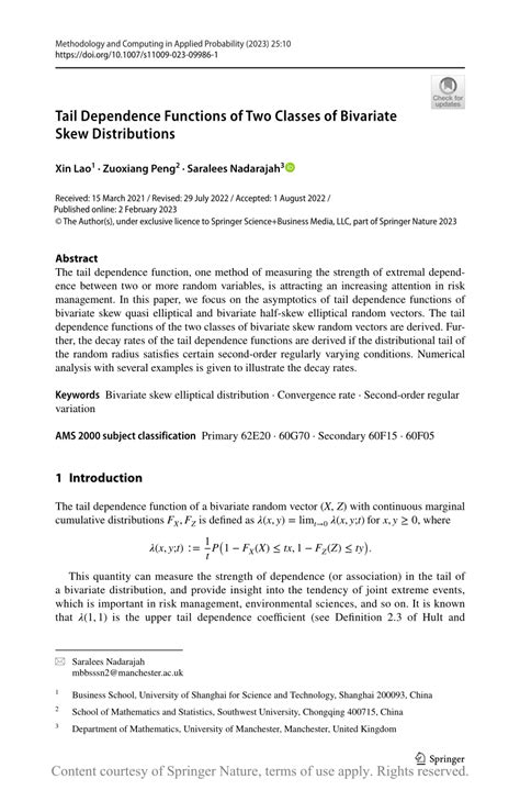 Tail Dependence Functions Of Two Classes Of Bivariate Skew Distributions Request Pdf