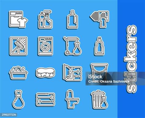 세트 라인 쓰레기통과 쓰레기 봉투 양동이 액체 식기 세척액용 플라스틱 병 와셔 스퀴지 스크레이퍼 와이퍼 티셔츠 및 아이콘 벡터 T 셔츠에 대한 스톡 벡터 아트 및 기타