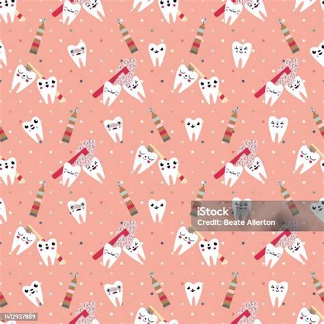 카와이 치아 아이 치과 치료 벡터 교육 원활한 패턴 배경 칫솔 치약 칫솔질하는 귀여운 만화 캐릭터 재미있는 어린이 구강 건강 핑크 화이트 반복 0명에 대한 스톡 벡터 아트