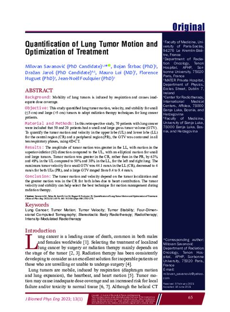 Pdf Quantification Of Lung Tumor Motion And Optimization Of Treatment Bojan Štrbac