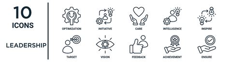 리더십 개요 아이콘 세트에는 가는 선 최적화 관리 영감 비전 성취 보장 보고서 프레젠테이션 다이어그램 웹 디자인에 대한 대상 아이콘이 포함됩니다 과학에 대한 스톡 벡터 아트