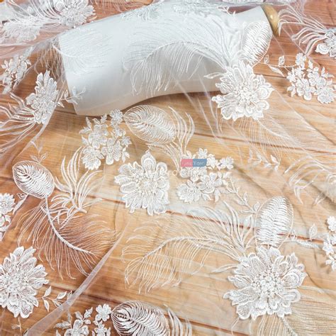 Feather And Flower Pattern Embroidery Bridal Lace Fabric Oneyard