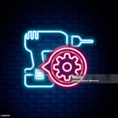 벽돌 벽 배경에 고립 된 빛나는 네온 라인 드릴 기계와 기어 아이콘 앱 서비스 개념 설정 옵션 유지 보수 수리 수정 을 조정합니다 다채로운 개요 개념 벡터 가정 생활에 대한