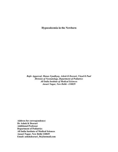 Pdf Hypocalcemia In The Newborn