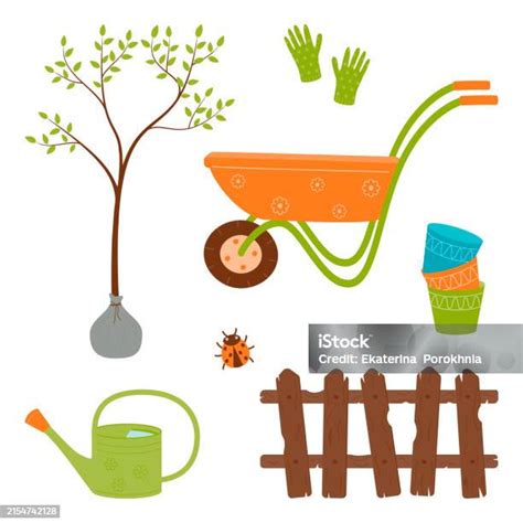 정원 가꾸기 및 식물 심기 세트 정원 수레 묘목 물뿌리개 장갑 나무 울타리 빈 화분 0명에 대한 스톡 벡터 아트 및 기타 이미지 Istock