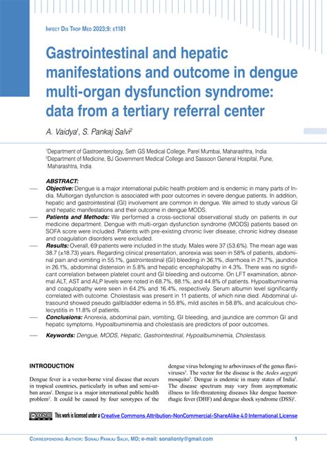 Pdf Gastrointestinal And Hepatic Manifestations And Outcome In Dengue Multi Organ Dysfunction