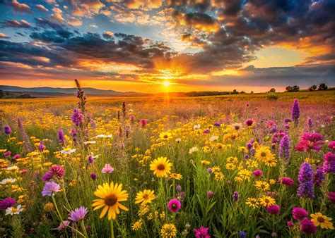 Golden Sunset Over Vibrant Wildflower Field With Bright Hues Of Yellow