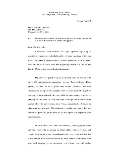 Legal Opinion Letter Sample Annulment Marriage