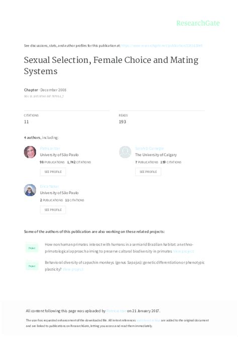 Pdf Sexual Selection Female Choice And Mating Systems