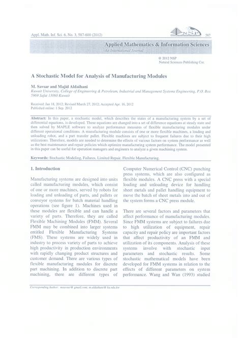 Pdf A Stochastic Model For Analysis Of Manufacturing Modules