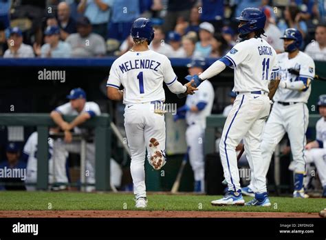 Kansas City Royals Mj Melendez 1 And Maikel Garcia 11 Celebrate After Scoring On A Two Run